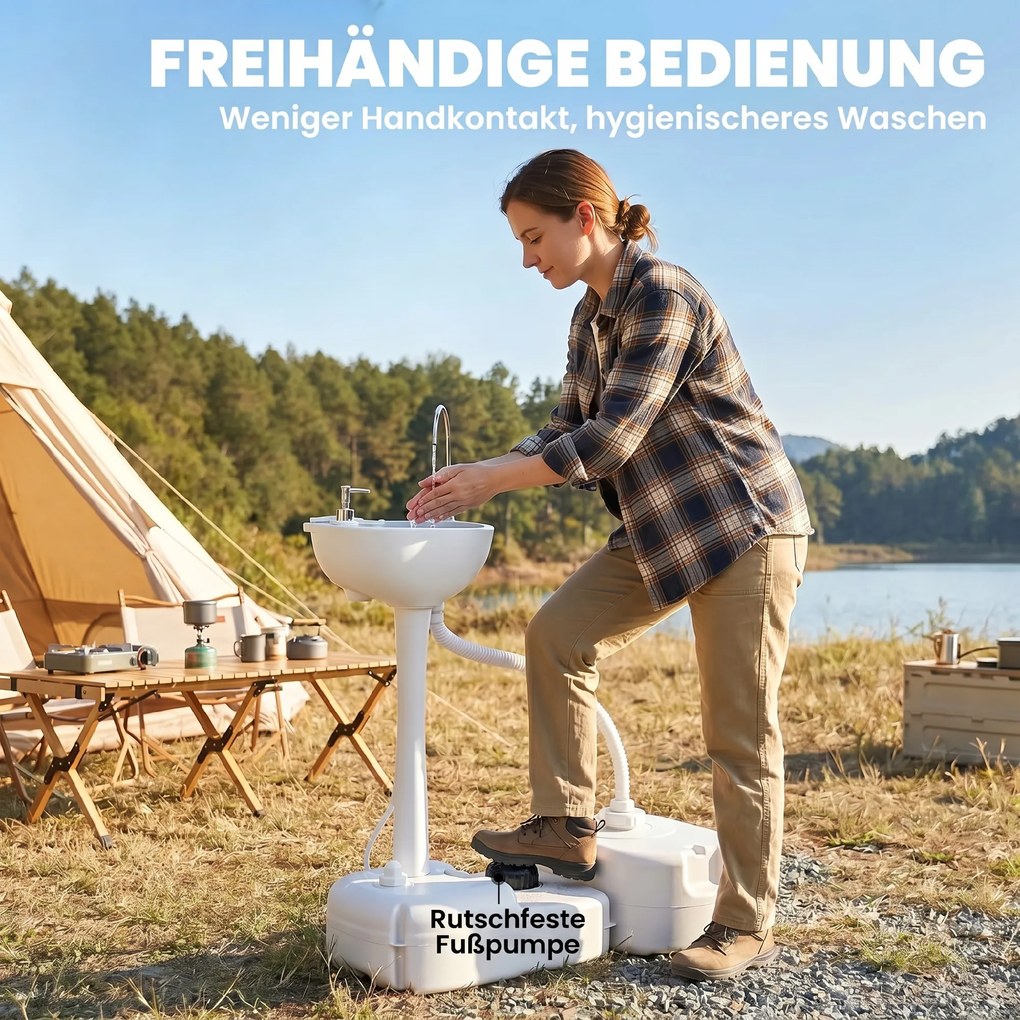 Outsunny Kempingové umyvadlo 17L Ruční umyvadlo se sběračem odpadní vody Dřez s dávkovačem HDPE šedý 83x50x103 cm pro venkovní použití |