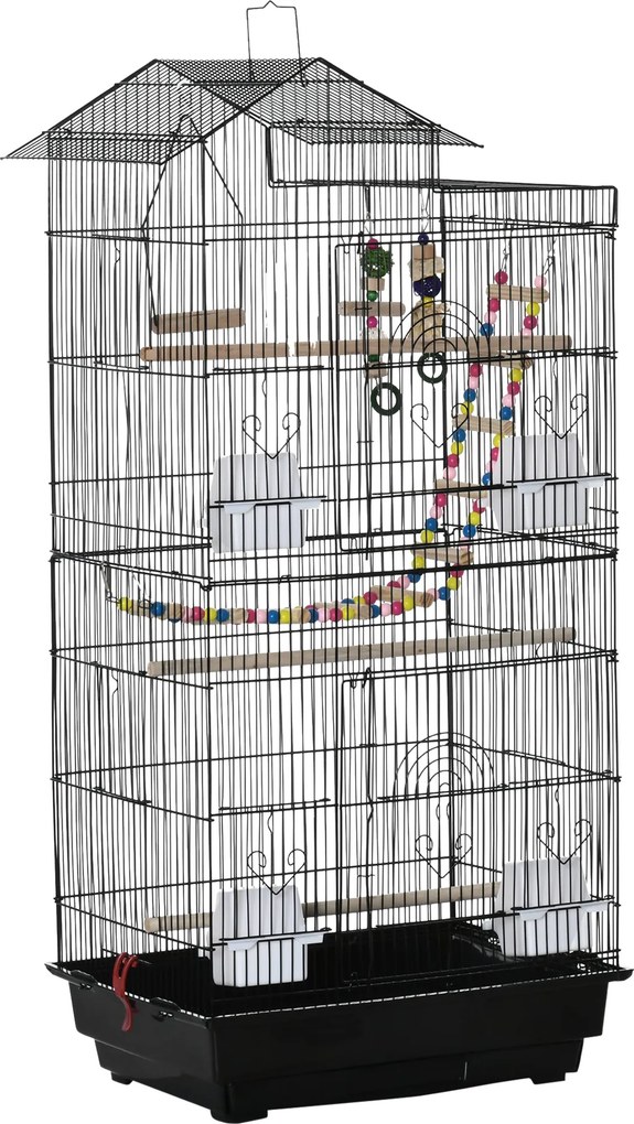 Ptačí klec PawHut s více dveřmi, 4 krmítky, 3 bidly, houpacím zařízením a odnímatelným tácem pro papoušky, kanárky a andulky 46x36x100 cm Černá