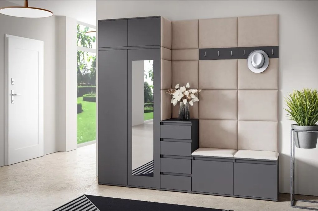 Eka Předsíňová stěna s čalouněnými panely Trinity 33 - Grafit / Tmavá krémová 2302