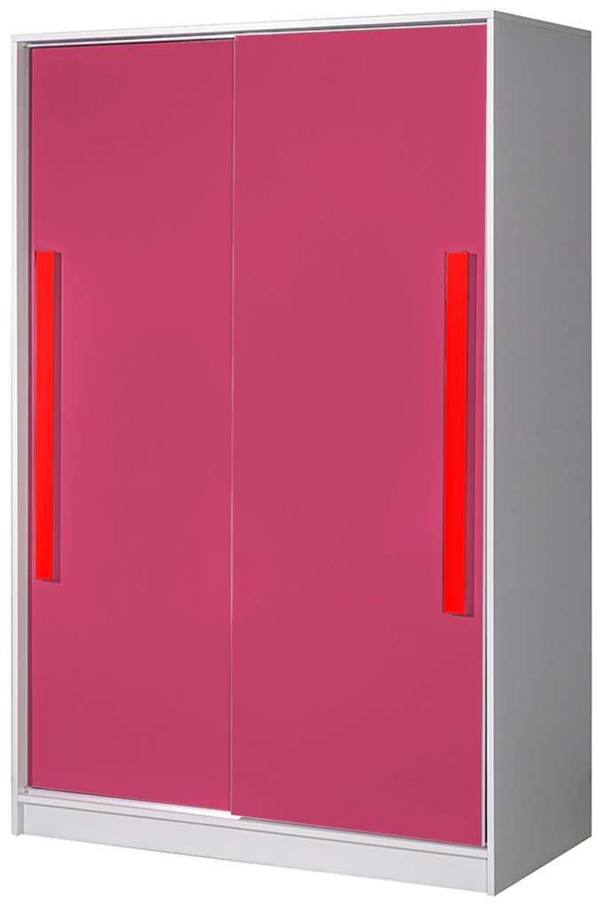 Šatní skříň s posuvnými dveřmi GULIVER 12 Domel 120/191/60 barva: bílý mat/růžový lesk/červené úchyty