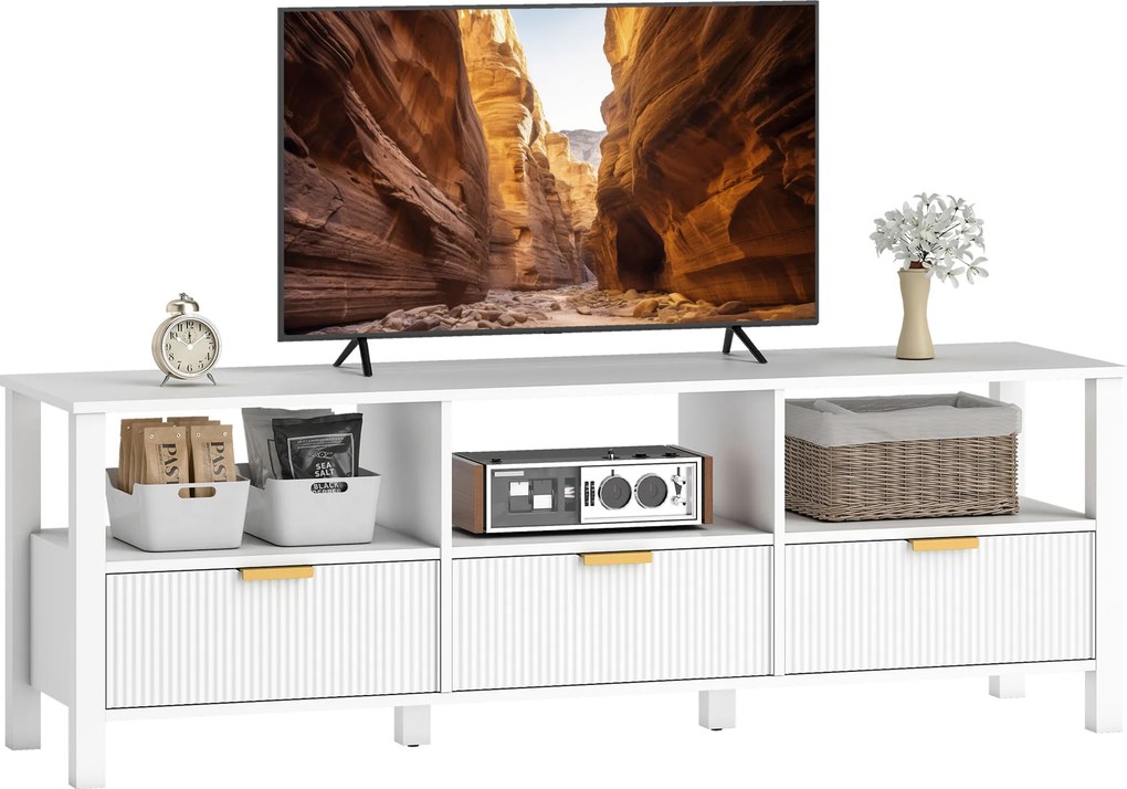 HOMCOM TV nábytek 152 cm, TV nábytek pro televize až 139,7-165,1 cm se 3 zásuvkami a 3 otevřenými přihrádkami, 152x39,5x50 cm, bílá
