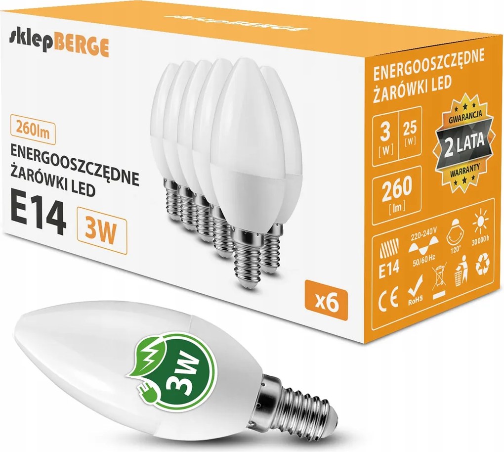 6x LED žárovka E14 3W 260lm - neutrální bílá