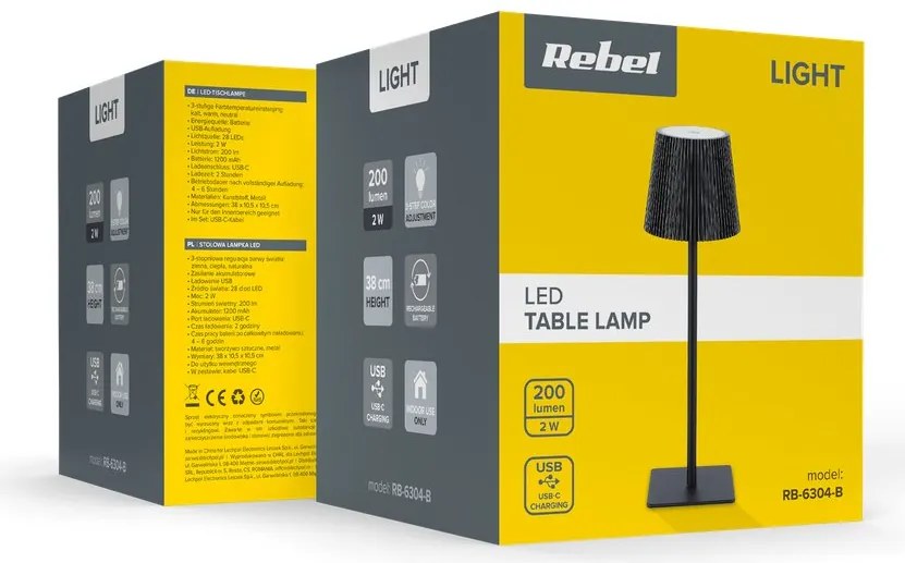 Stolní lampa REBEL RB-6304-B , dotyková, regulace, USB-C, černá