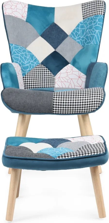 Relaxační křeslo ušák LISA + taburet — masiv, látka, modrý patchwork