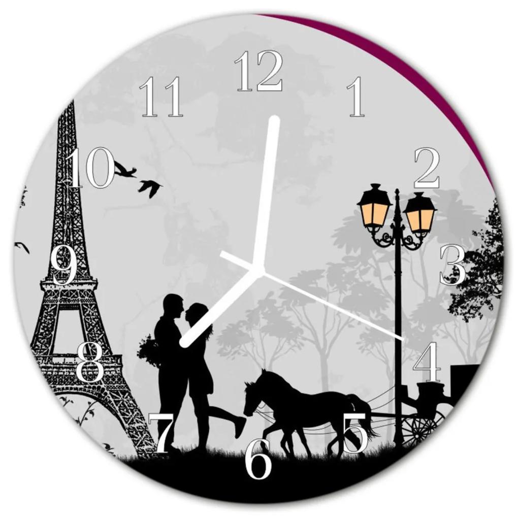 Nástenné skleněné hodiny Láska Paříž