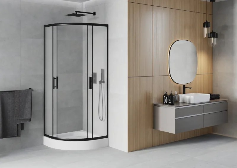 Mexen Rio, čtvrtkruhový sprchový kout s posuvnými dveřmi 80 (dveře) x 80 (dveře) x 190 cm, 5mm sklo námraza, černý profil + bílá sprchová vanička RIO, 863-080-080-70-30-4710