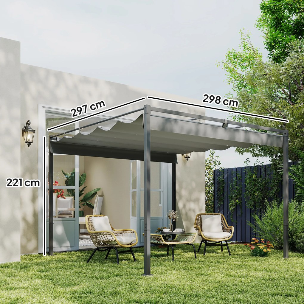 zahradní pergola 3 x 3 m se stahovací střechou, pavilon, stínící stříška, UPF30+, šedá barva