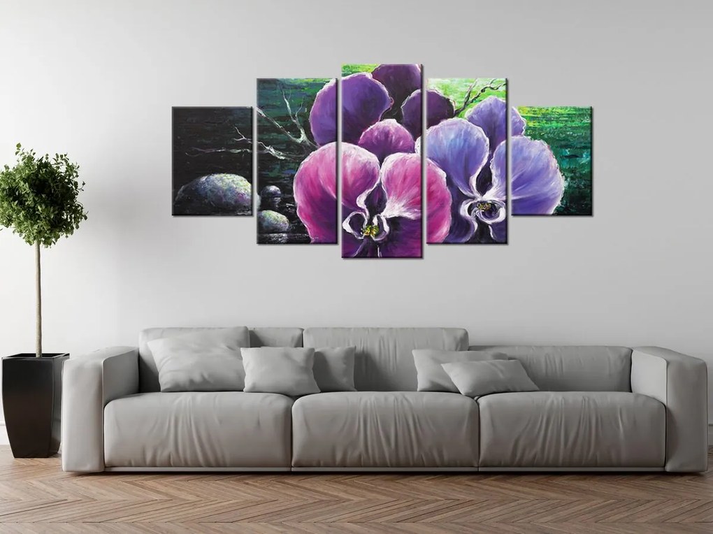 Gario Ručně malovaný obraz Orchidea u potoka - 5 dílný Rozměry: 150 x 70 cm