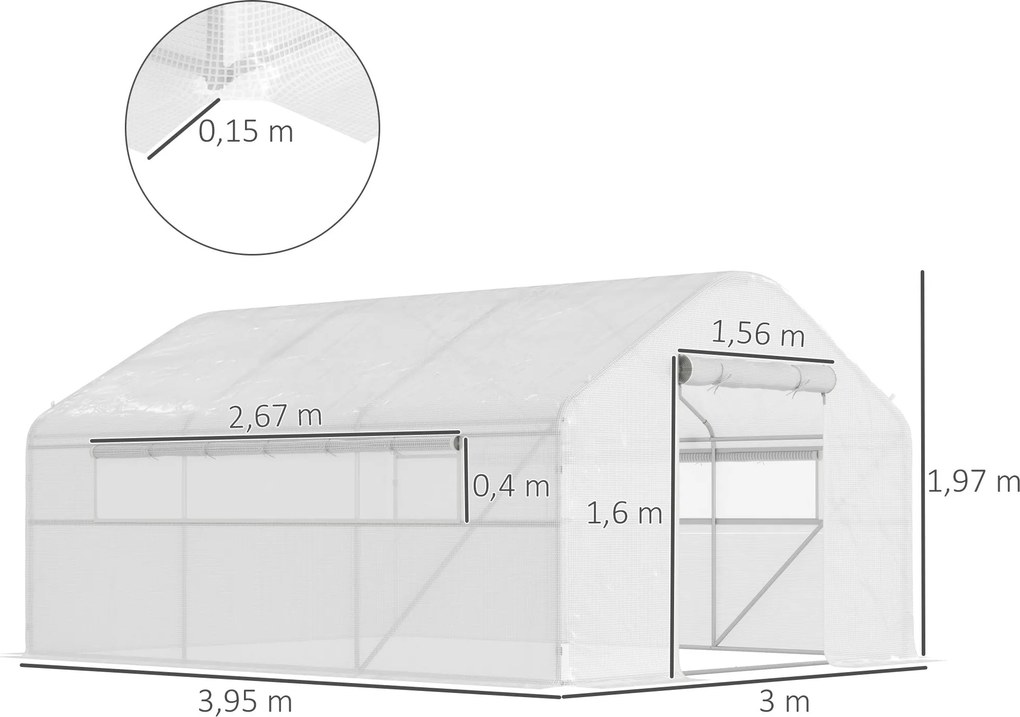 Outsunny Zahradní Skleník 4x3x2 m Tunelový Skleník se 2 Okny z UV-Odolného PE a 1 Rolovacími Dveřmi se Zipperem pro Zahradu a Terasu Bílý