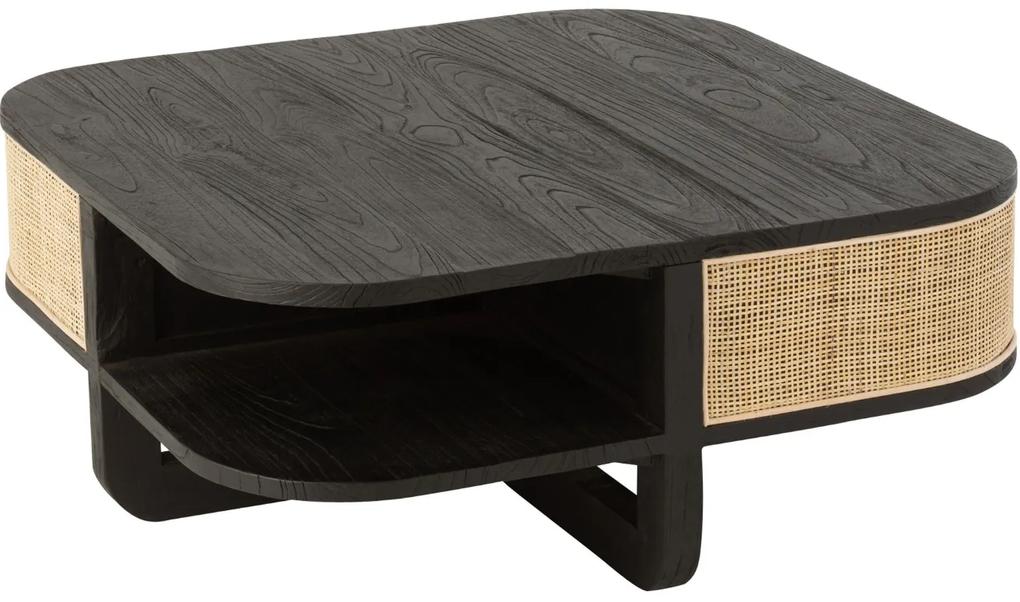 Černý dřevěný konferenční stolek J-line Meldo 84,5 x 84,5 cm s ratanovým výpletem