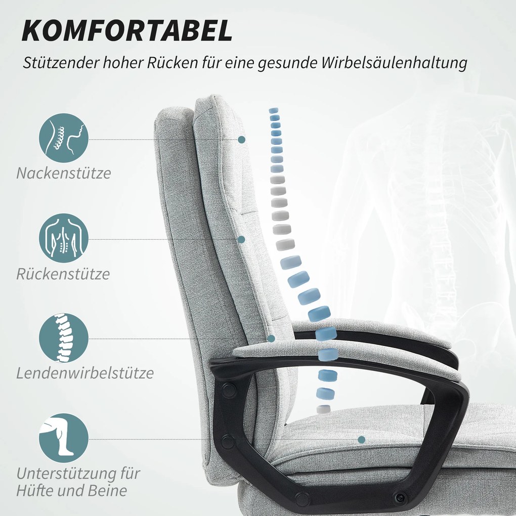 Ergonomická kancelářská židle HOMCOM s opěrkami, výškově nastavitelná otočná židle s houpací funkcí, vzhled lnu, tuftovaná počítačová židle, šedá