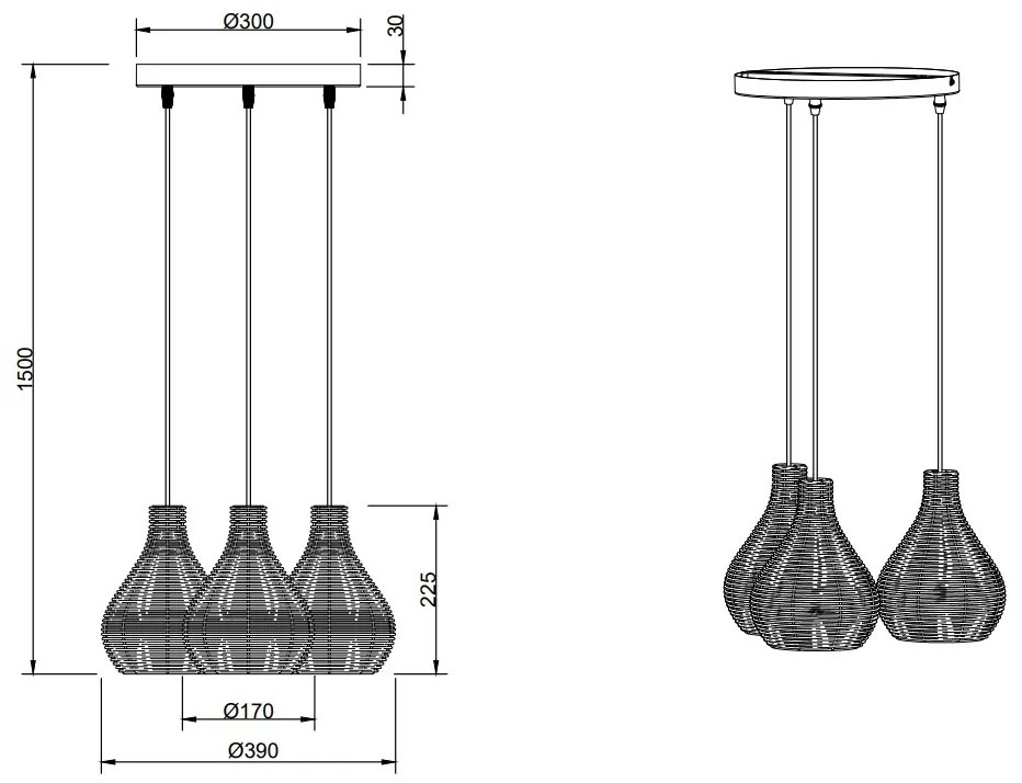 Závěsné stropní osvětlení Sprout, ratan, 3 svítidla
