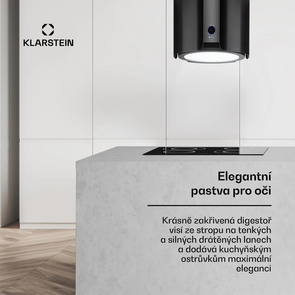 Klarstein Skyfall, digestoř, 45 cm, ostrůvková, 413 m³/h, LED, nerezová ocel, černá