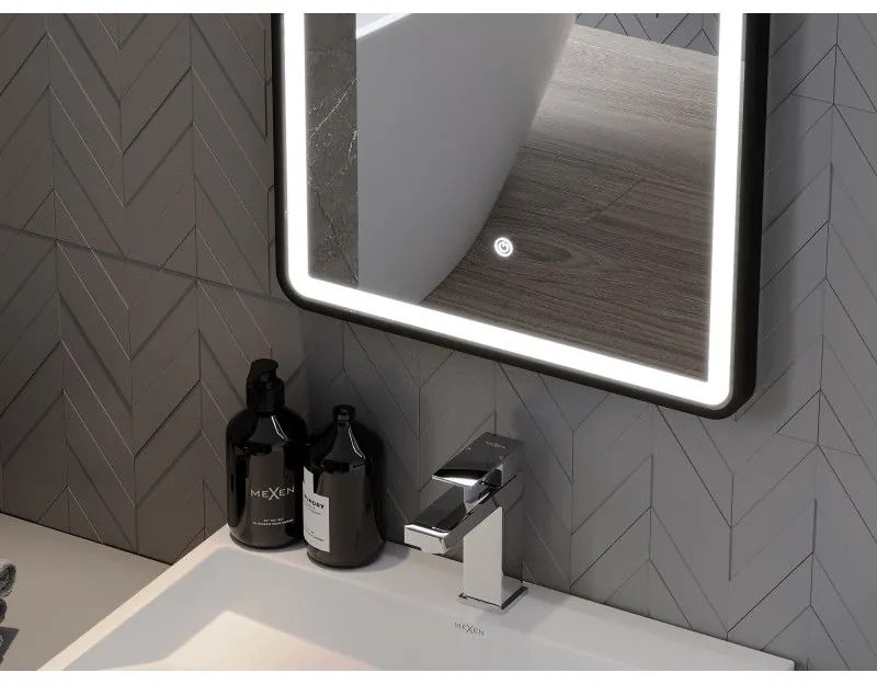 Mexen Coro, LED koupelnové zrcadlo s podsvícením a černým rámem 45x120 cm, 6000K, ochrana proti zamlžování, 9817-045-120-611-70