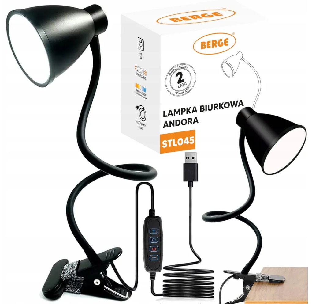 BERGE Andora LED stolní lampa s klipem LED černá