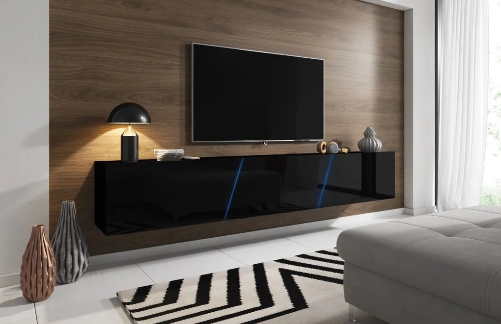 TV stolek Slant s LED osvětlením 240 cm černý mat/černý lesk