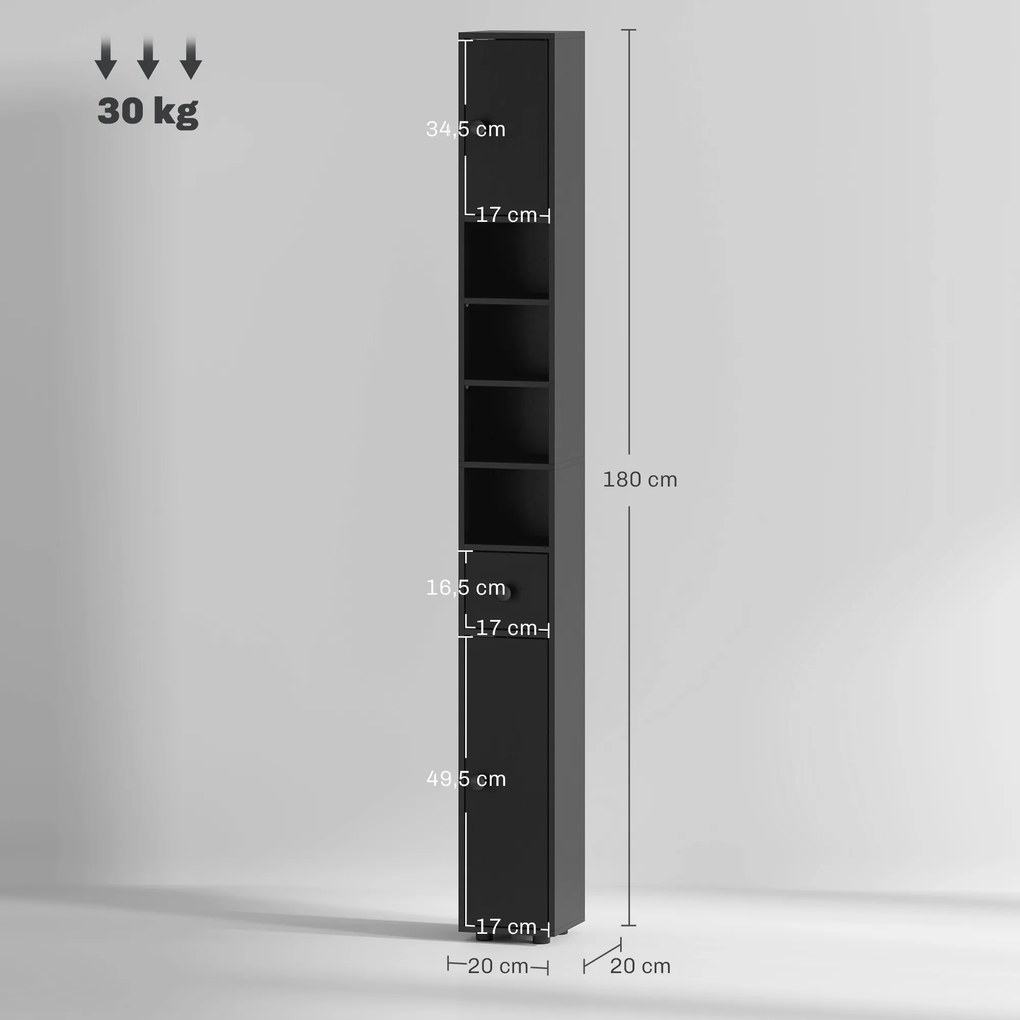 kleankin vysoká koupelnová skříňka, úzký sloupek do koupelny s 1 zásuvkou, 4 otevřené police a nastavitelnými vloženými policemi, 20x20x180 cm, černá
