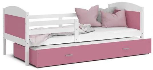 Dětská postel MATYAS P2 80x190 cm s bílou konstrukcí v růžové barvě s přistýlkou