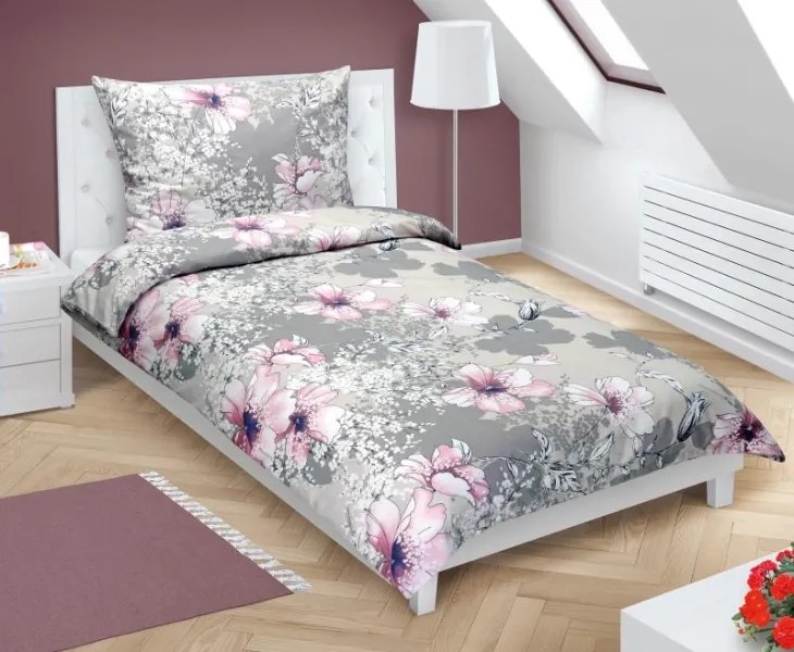 Bellatex Povlečení bavlněné s hotelovou kapsou 140x200, 70x90 cm Ibišek Šedá