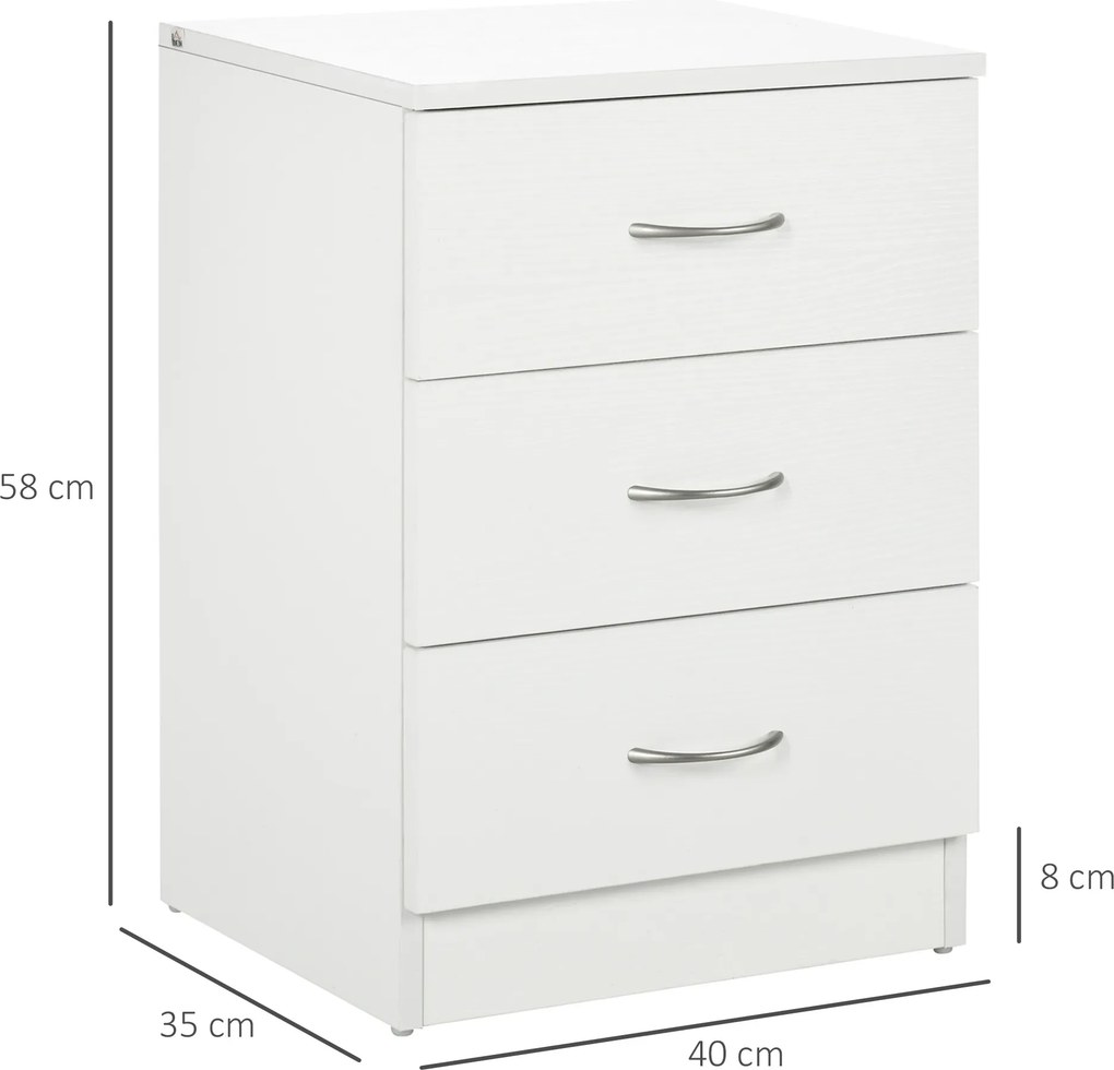 HOMCOM Moderní noční stolek se 3 zásuvkami pro obývací pokoj a ložnici, nosnost 50 kg, 40x35x58 cm, bílý