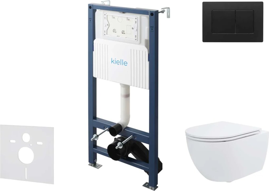 kielle Genesis New - Set předstěnové instalace, klozetu Oudee, Vortex Rimless+, sedátka softclose a tlačítka Gemini New III, matná černá 30502SS09