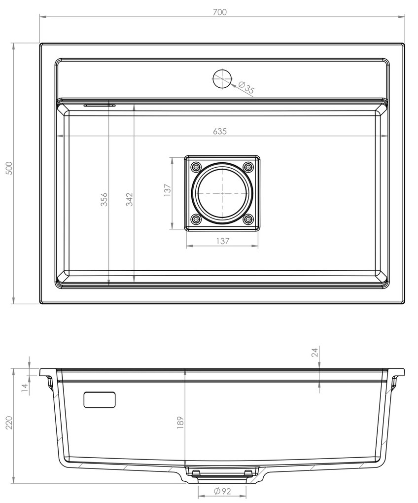Gamma Quadro 7050, 1-komorový granitový dřez 700x500x220 mm, černá-zlatá, GMA-ZLE000239