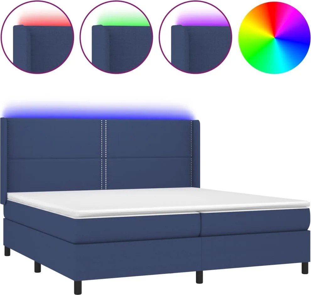 Box spring postel s matrací a LED modrá 200x200 cm textil 3138267