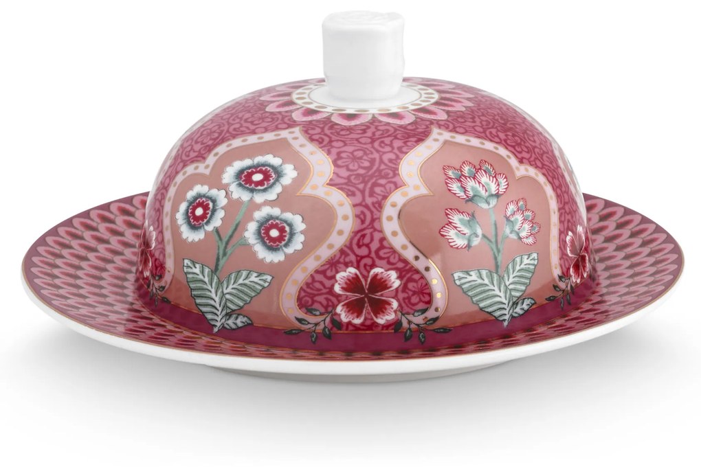 Pip Studio Flower Festival máselnice 17x8cm, tmavě růžová (Kulatá máslenka z tenkostěnného porcelánu)