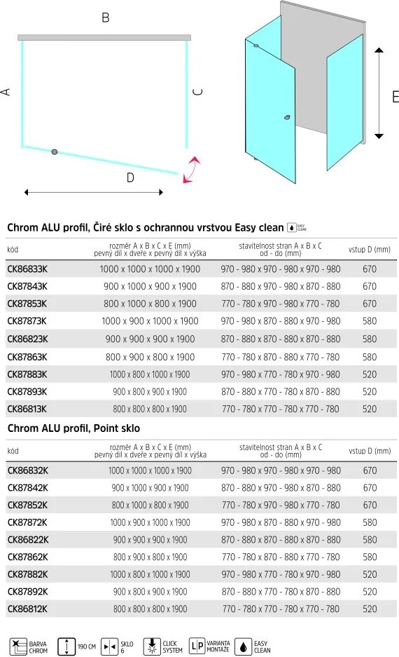 Mereo Mereo, Sprchový kout Lima, čtverec,pivotové dv., 2x boční stěna, chrom ALU, sklo Poin 6mm, CK86812K