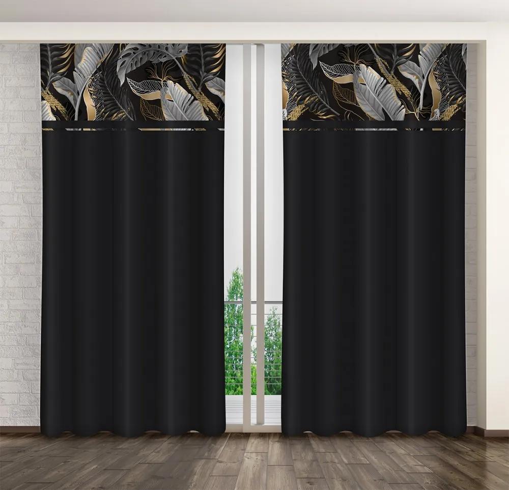 Klasický černý závěs s potiskem šedých a zlatých listů Šířka: 160 cm | Délka: 250 cm