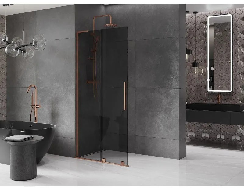 Mexen Velar L, posuvná sprchová zástěna Walk-in 120 x 200 cm, 8mm šedé sklo, růžové zlato, 871-120-003-43-60