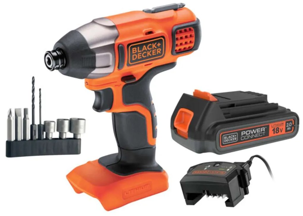 BLACK+DECKER Nářadí - 18V AKU rázový utahovák s příslušenstvím, 1x aku 2,0 Ah Li-Ion, nabíječka BDCIM18D1A-QW