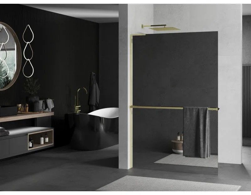 Mexen Kioto+ L, sprchová zástěna Walk-In s poličkou a věšákem 90 x 200 cm, 8mm sklo vzor zrcadlo, zlatý lesklý profil, 800-090-123-50-50