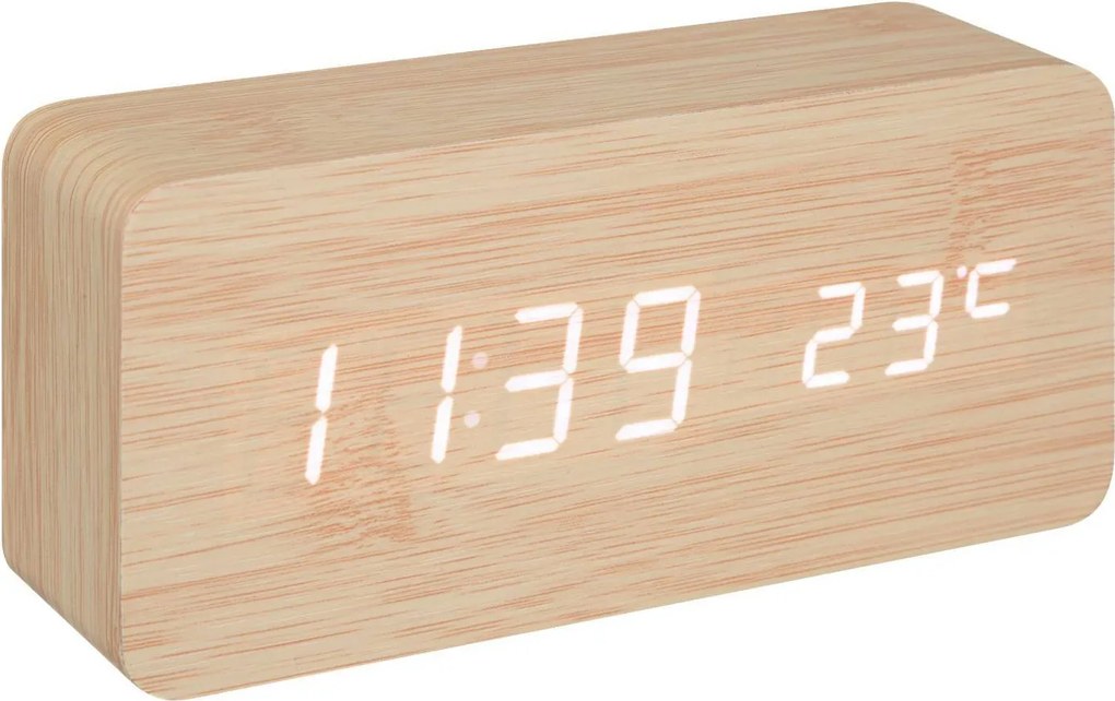 Dřevěný budík Gamiel, teploměr, alarm, 15 x 4 x 7 cm