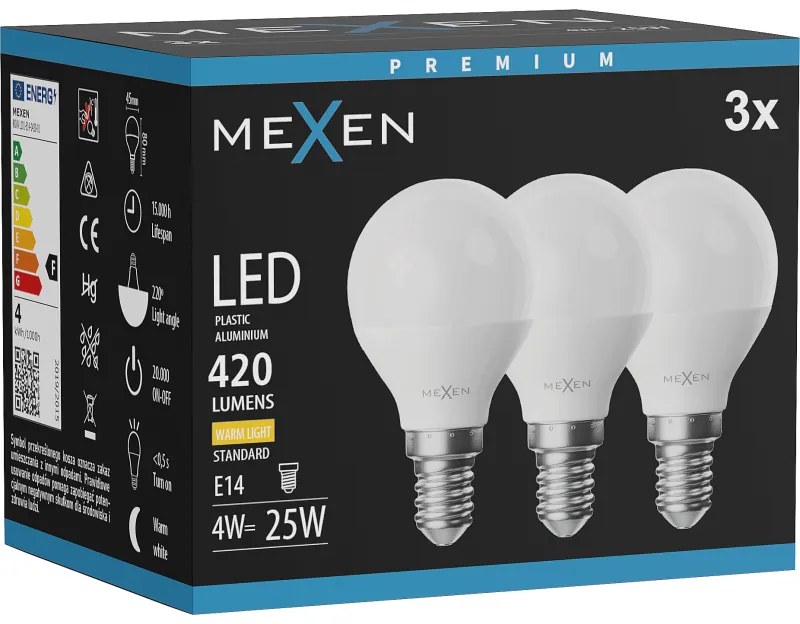 Mexen Nova 3x LED žárovka E14, G45, 4W, Teplá - 3000K, 420 lm - L101-E14-0430-01x03