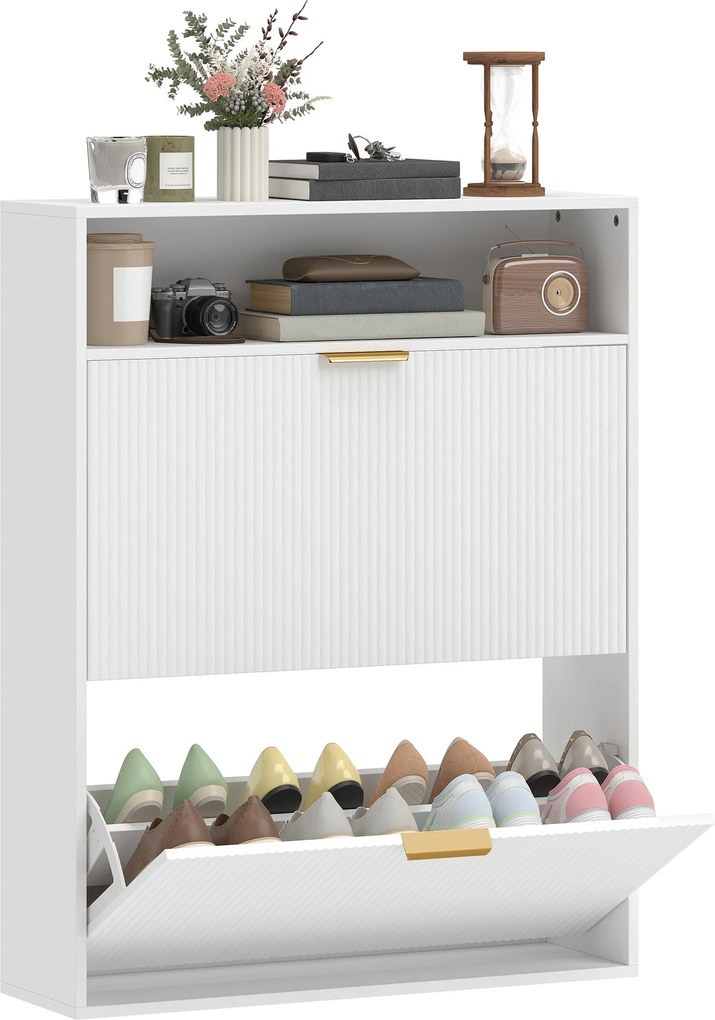 HOMCOM Slim Flip Shoe Cabinet — 2 Flip Compartments, Top Shelf, Holds 12–16 Pairs — White (31.5"x9.4"x40.4") | Aosom