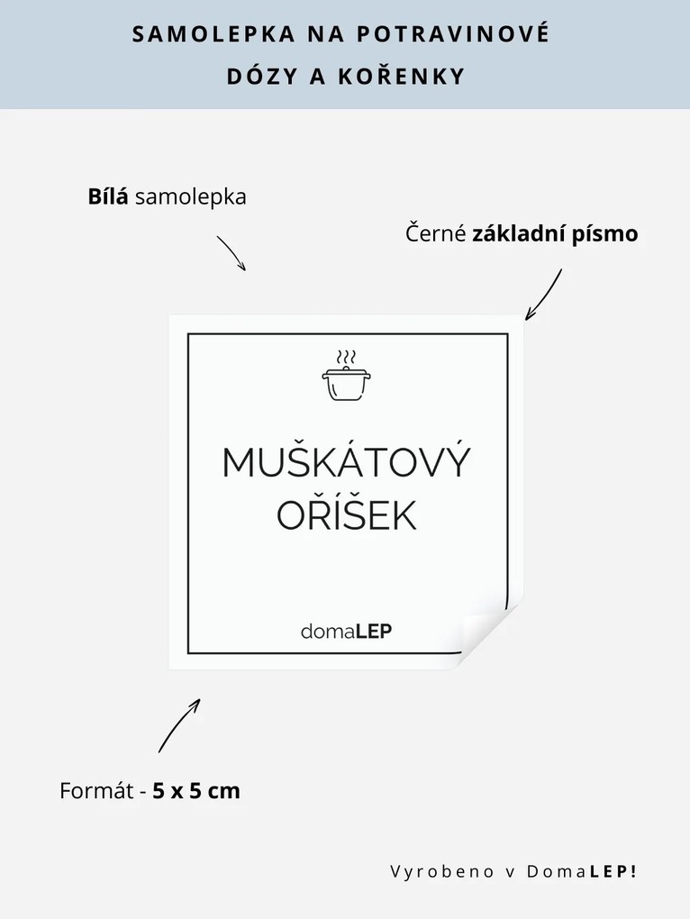 Samolepka na kořenky MUŠKÁTOVÝ OŘÍŠEK bílá 5 × 5 cm základní písmo