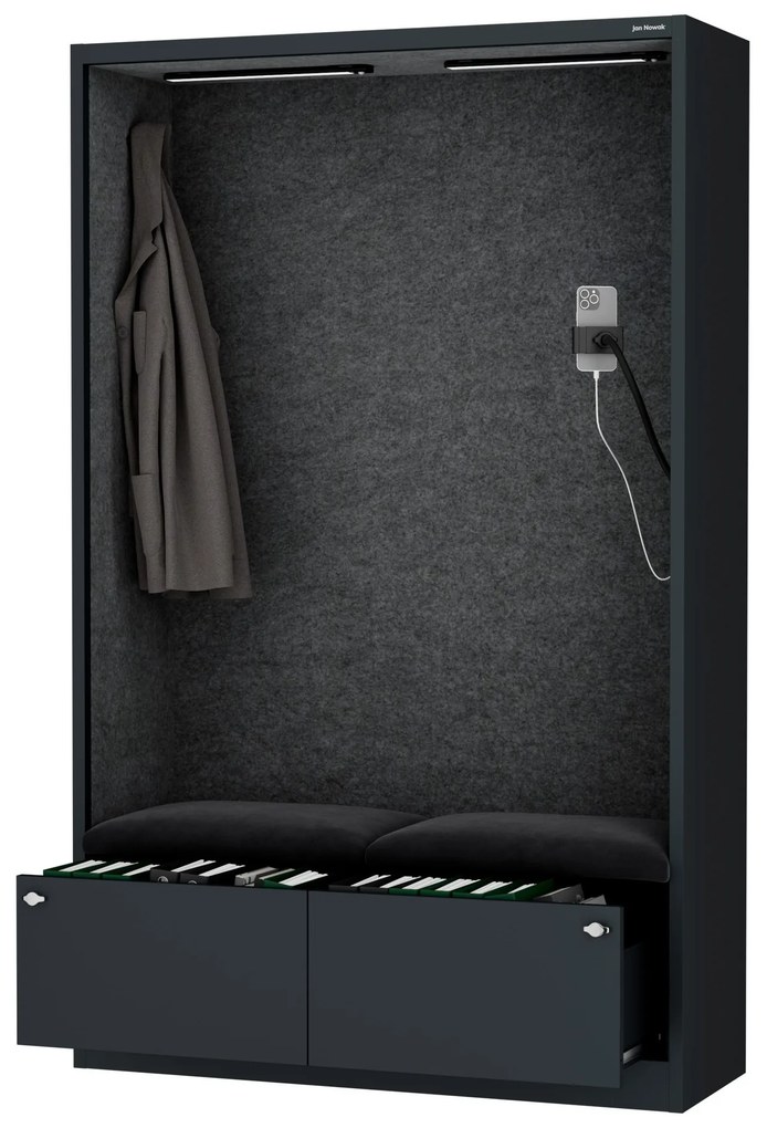 Kancelářská akustická kabina se sedátkem a USB-C portem, korpus antracitový / sedák tmavě šedá, 1150 mm: SALLY MentalBox