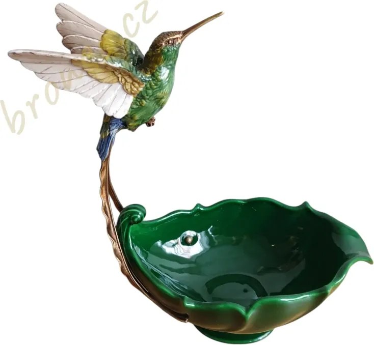 Dekorativní porcelánová mísa s kolibříkem – zelená luxusní mísa s bronzovým detailem