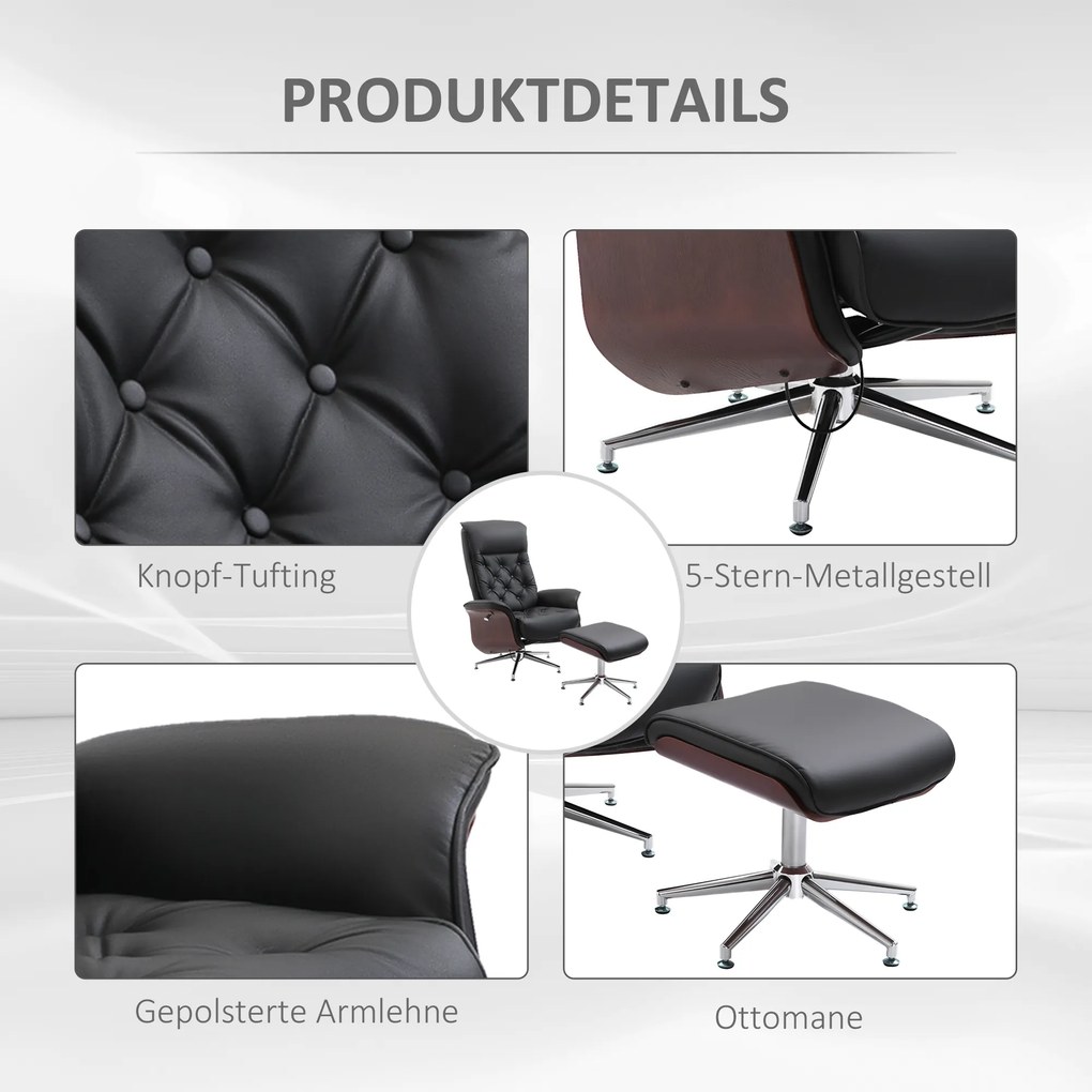 HOMCOM Relaxační křeslo s podnožkou - TV křeslo s čalouněním, 360° otočné, 145° nastavitelné, retro design Chesterfield, PU potah, dřevěné detaily, k…