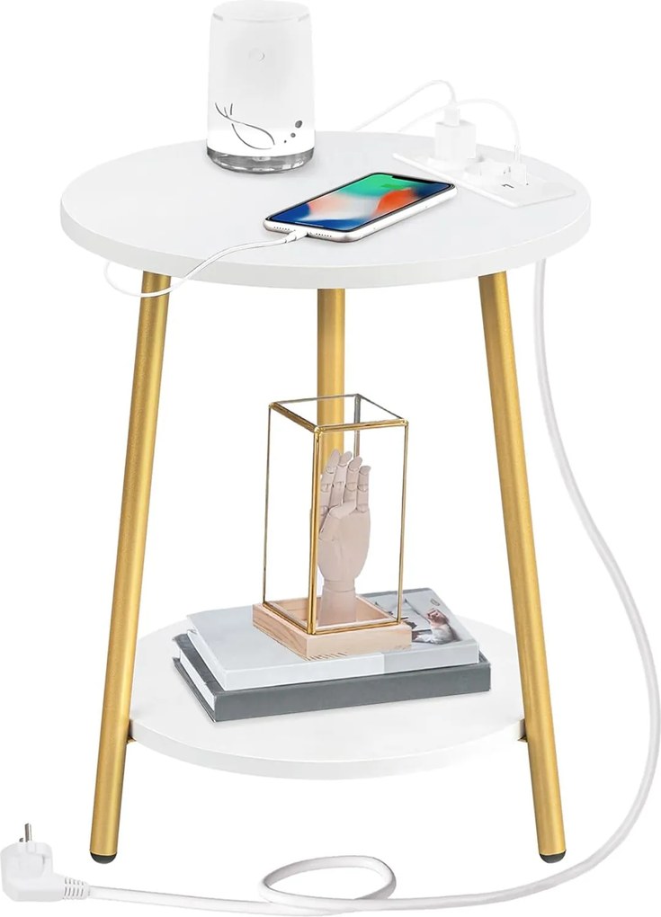 Kulatý odkládací stolek Vasagle Luretta 40 cm s nabíjecí stanicí bílý/zlatý