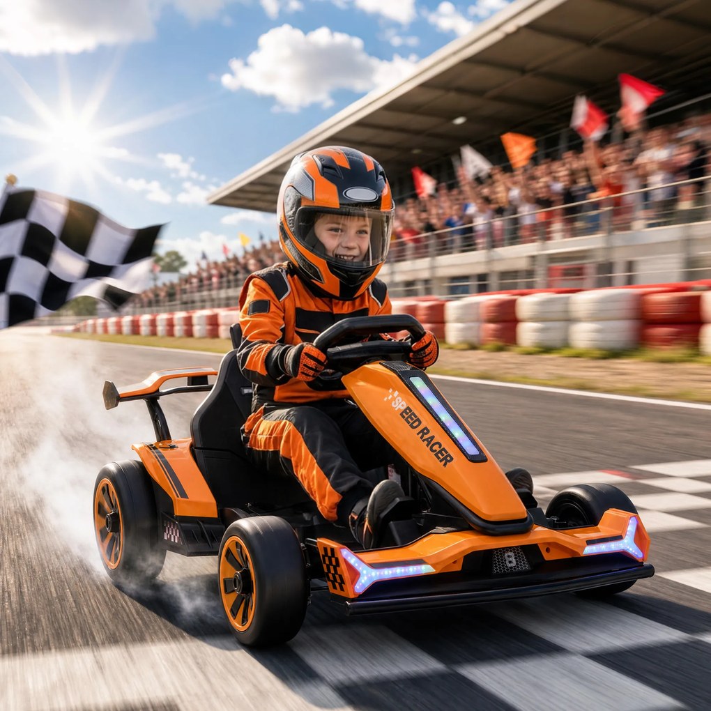 AIYAPLAY 12V elektro-go-kart pro děti 3-8 let, nastavitelné sedadlo, 3 rychlosti, plynulý start, oranžová