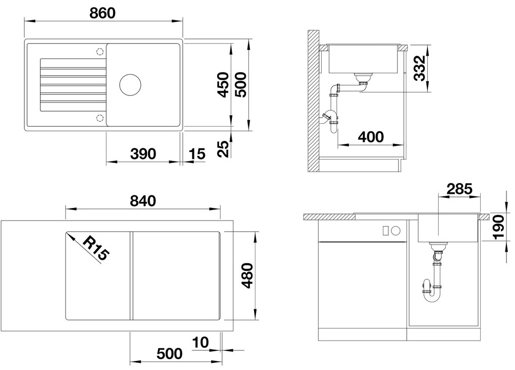 Blanco Zia 5 S, silgranitový dřez 860x500x190 mm, 1-komorový, černá, 526016