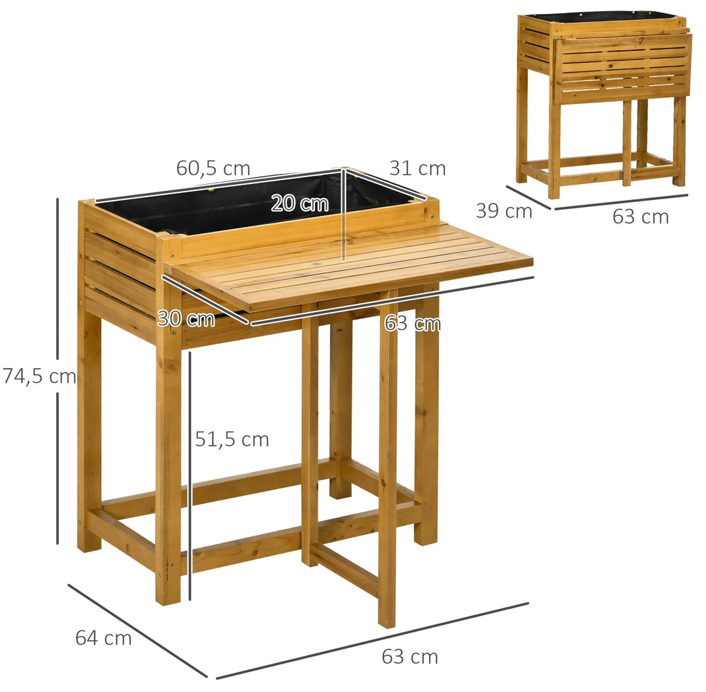 Vyvýšený záhonový truhlík Outsunny 64 x 80 x 30 cm se sklopnou deskou a dřevěným vnitřním obložením, bylinkový záhon v hnědé barvě