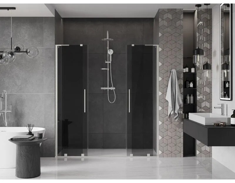 Mexen Velar L Duo, posuvné sprchové dveře do otvoru 170 cm, 8mm šedé sklo, broušená ocel, 871-170-003-42-97