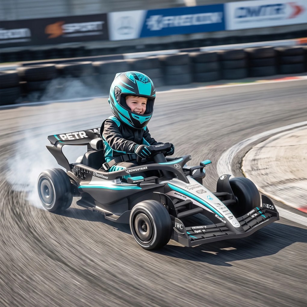 AIYAPLAY Mercedes-AMG PETRONAS F1 12 V elektrický go-kart pro děti Gokart s lithium-akumulátorem 2 motory Plynulý start