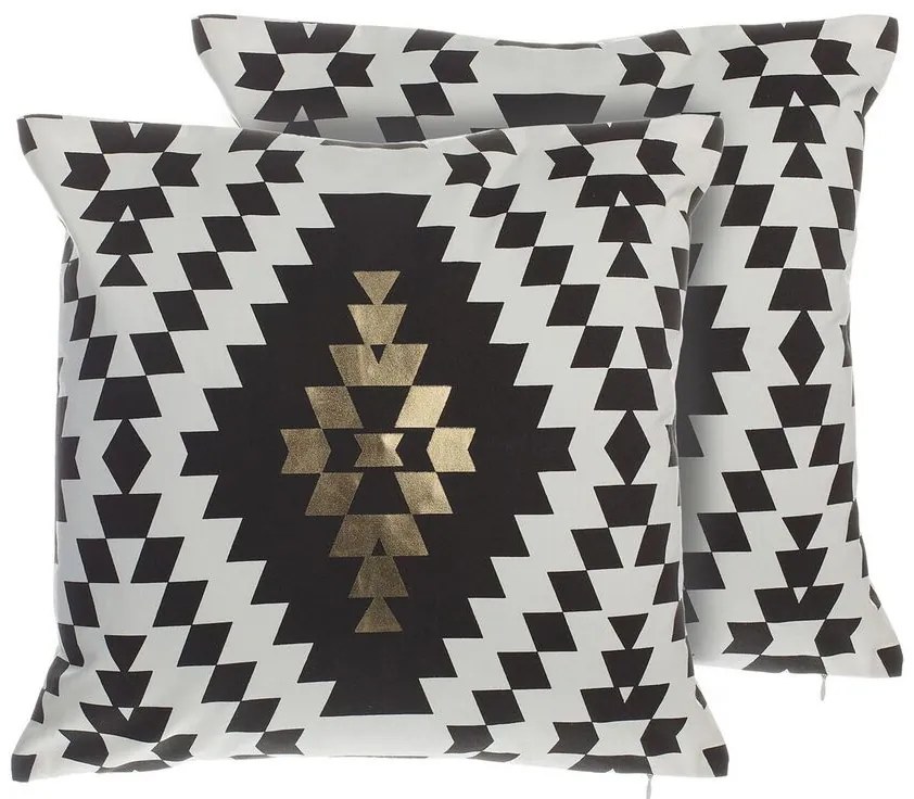 Sada 2 dekorativních polštářů s geometrickým černo-bílým potiskem a zlatým motivem 45 x 45 cm COLEUS Beliani