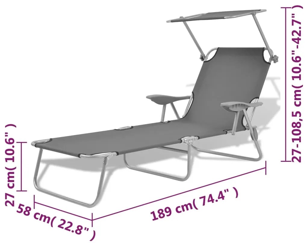 vidaXL Marketos Zahradní lehátko se stříškou ocel šedé