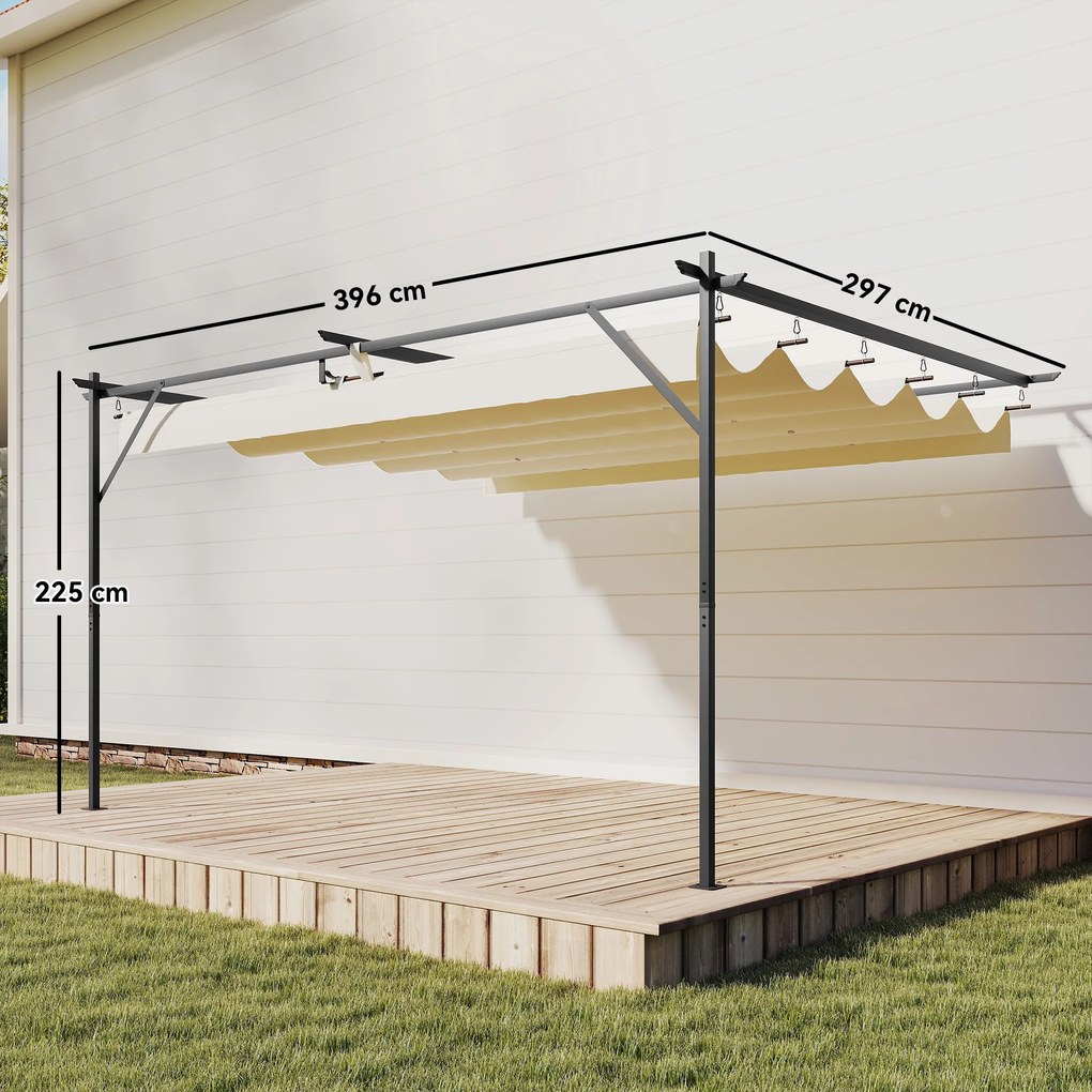Střešní pergola na terasu cca 4x3m Střecha na terasu s nastavitelnou střechou, montáž na stěnu UV 30+ krémově bílá