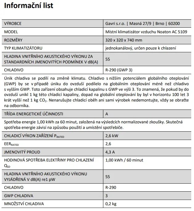 Noaton AC 5109, mobilní klimatizace